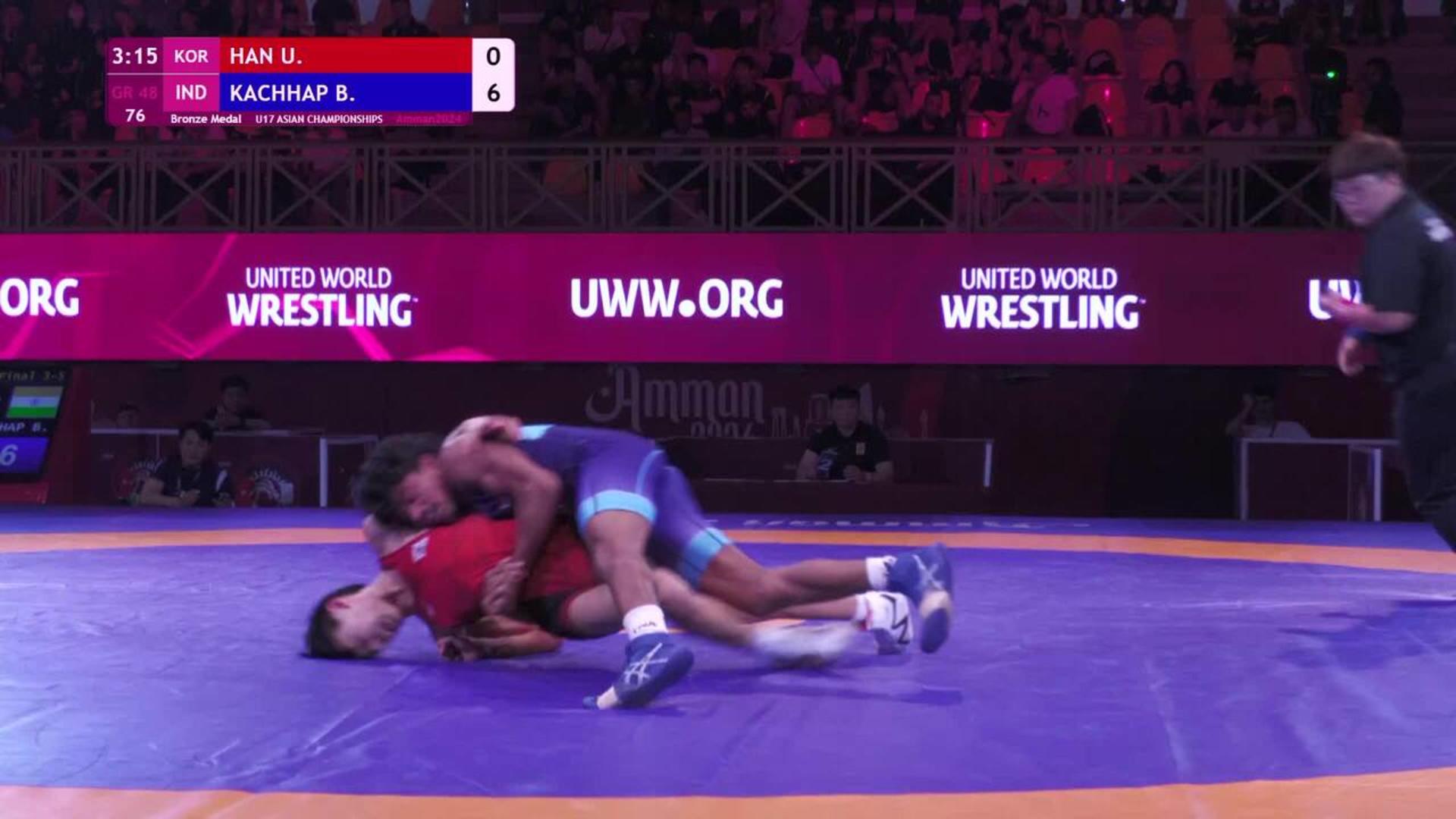 Ujin HAN (KOR) vs. Bikash KACHHAP (IND) | U17 ASIAN CHAMPIONSHIPS 2024 | Bronze Medal | GR 48Kg